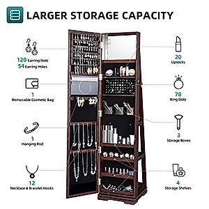YITAHOME 360° Rotating Jewelry Cabinet Armoire 3-in-1 Jewelry Organizer Free Standing with Higher Full Length Mirror,Inside Makeup Mirror,Rear Storage Shelves, Walnut