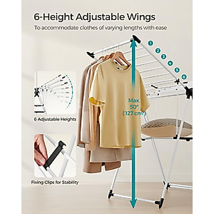 SONGMICS Clothes Drying Rack, Foldable 2-Level Laundry Drying Rack, Free-Standing Airer, 1 Additional Tall Hanging Bar, 2 Height-Adjustable Wings, 24 Drying Rails, Space Savng, Simply White ULLR521W01