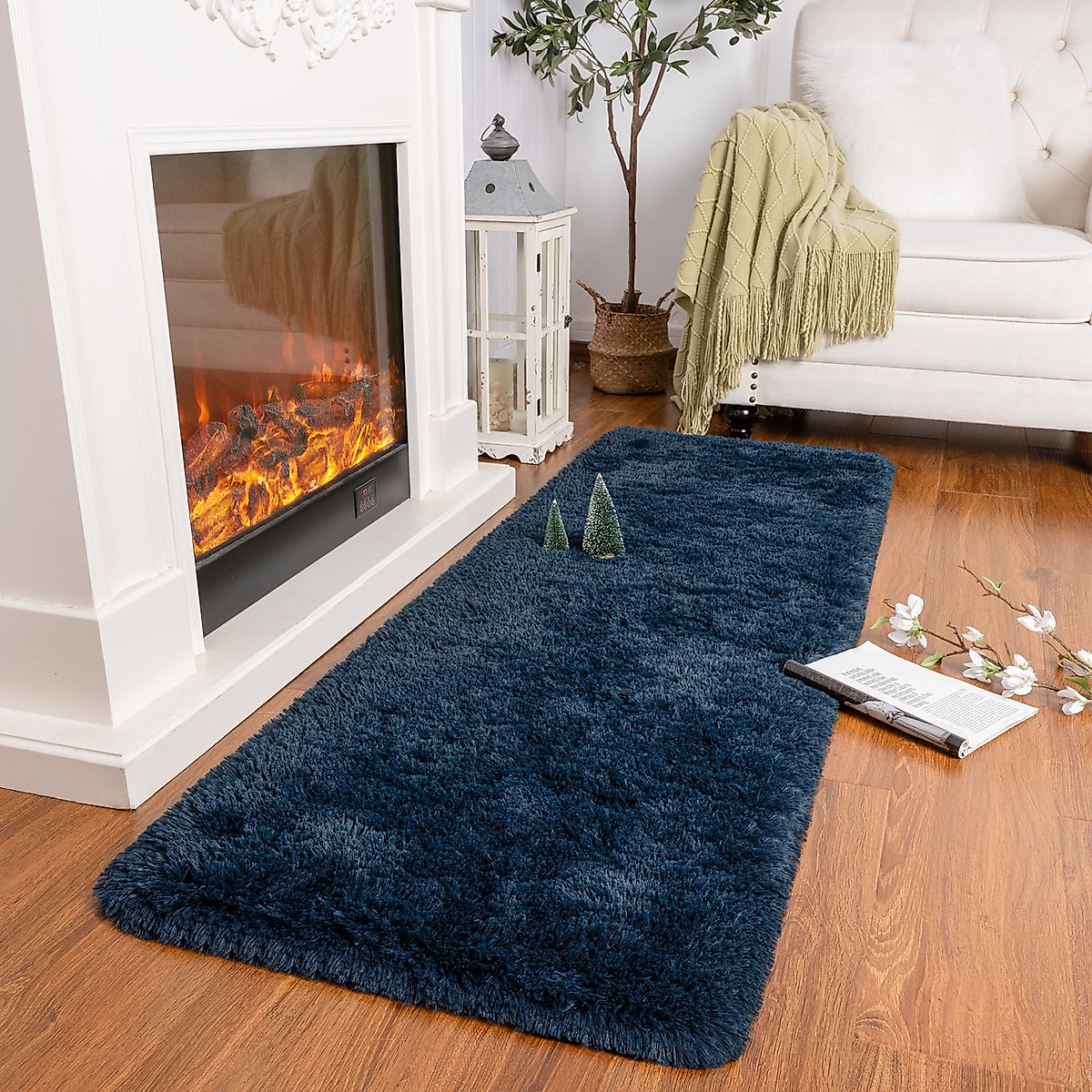 Rtizon Soft Shag Runner Rug for Bedroom, 2x6 Feet Fluffy Rugs with Non-Slip Bottom for Hallway Bedside Living Room Dorm, Furry Area Rug for Indoor Home Decor, Navy Blue