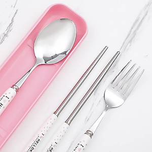 G-Ahora Kitty Portable Camp Reusable Flatware Kitty Cat Travel Utensils Case with Stainless Steel Fork Spoon Chopsticks(SCF-KT)