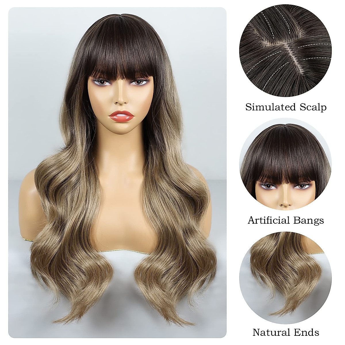 BOGSEA Wig with Bangs Ombre Dark Blonde Long Wavy Wigs for Women Synthetic Heat Resistant Wigs for Daily Party (Dark Ashy Blonde Ombre)
