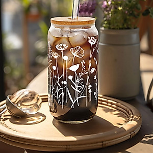 ANOTION Wildflower Glass Cups With Lids and Straws, Iced Coffee Cup Beer Can Shaped Glass 20 Oz Glass Coffee Cups Reusable Drinking Glasses Tumbler Gift for Women Sister Mom