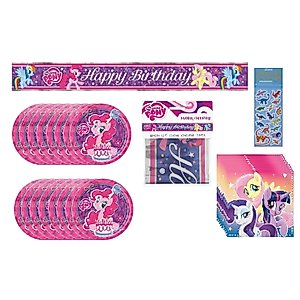 My Little Pony Birthday Party Supplies Bundle Pack for 16 includes 16 Plates, 16 Napkins, 1 Happy Birthday Banner, 1 Dinosaur Sticker Sheet