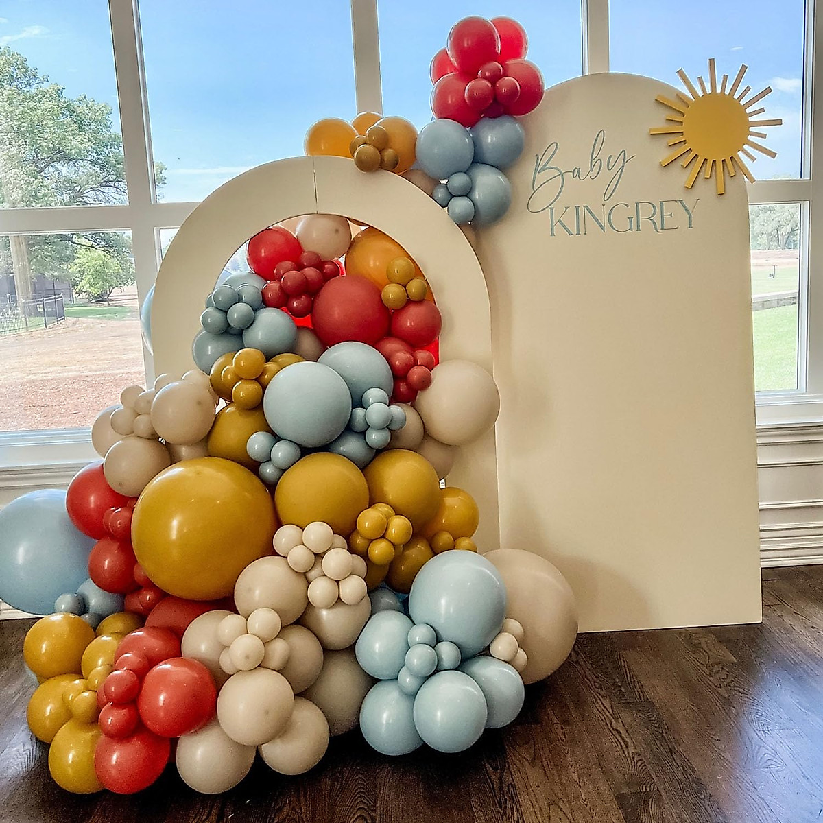 Here Comes the Son Balloon Arch Garland Kit 147Pcs Boho Retro Dusty Blue Burnt Orange Mustard Yellow Balloons for Baby Boy Shower First Trip Around the Sun Sunshine Theme Birthday Party Decorations