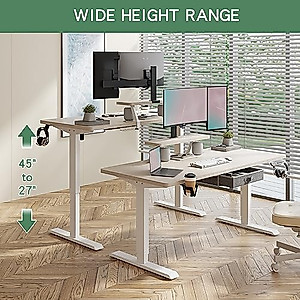 BUNOEM Height Adjustable Electric Standing Desk with One Drawer, Table with Storage Shelf, Sit & Stand Home Office Desk with Storage Space (Oak, 63x30)