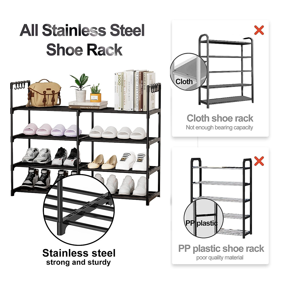 DYJIEKAI 2 Rows 4 Tier Shoe Rack, Black Metal Shoe Racks, Stackable Shoe Shelf with Multifunctional Hooks, Hold 16-20 Pairs, Space Saving Shoe Rack, Shoe Rack for Closet,Shoe Organizer