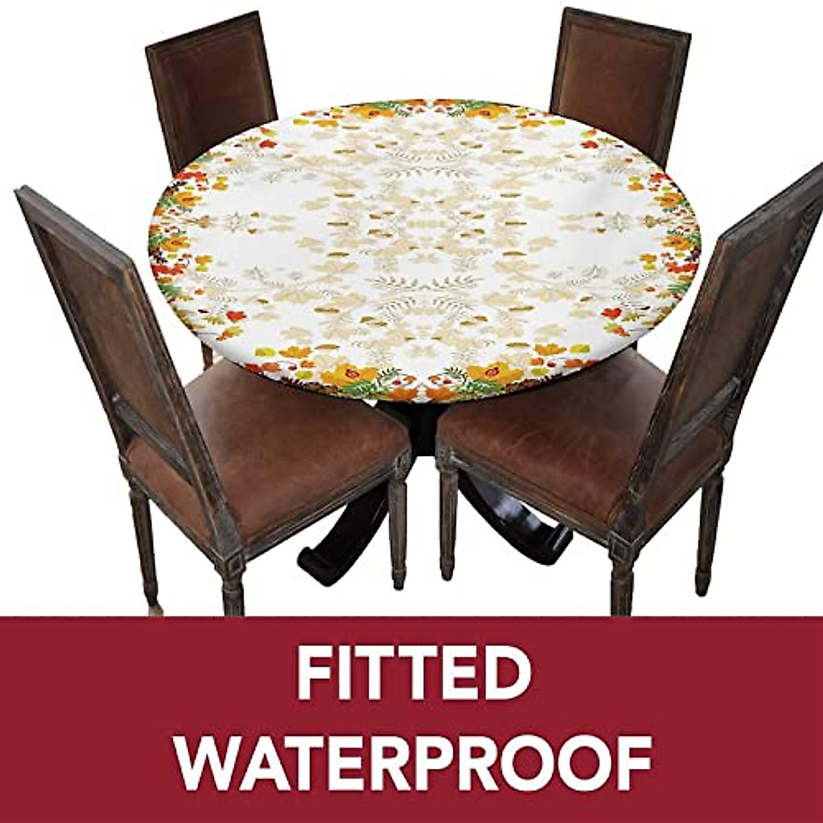 XISUNYA Thanksgiving Round Fitted Tablecloth with Elastic Edge, Fall Colors Ladybug Maple Leaf Woods Pine Nuts Berries Print XXLarge Polyester Table Cover, Fit Round Tables up 65"-71" Diameter
