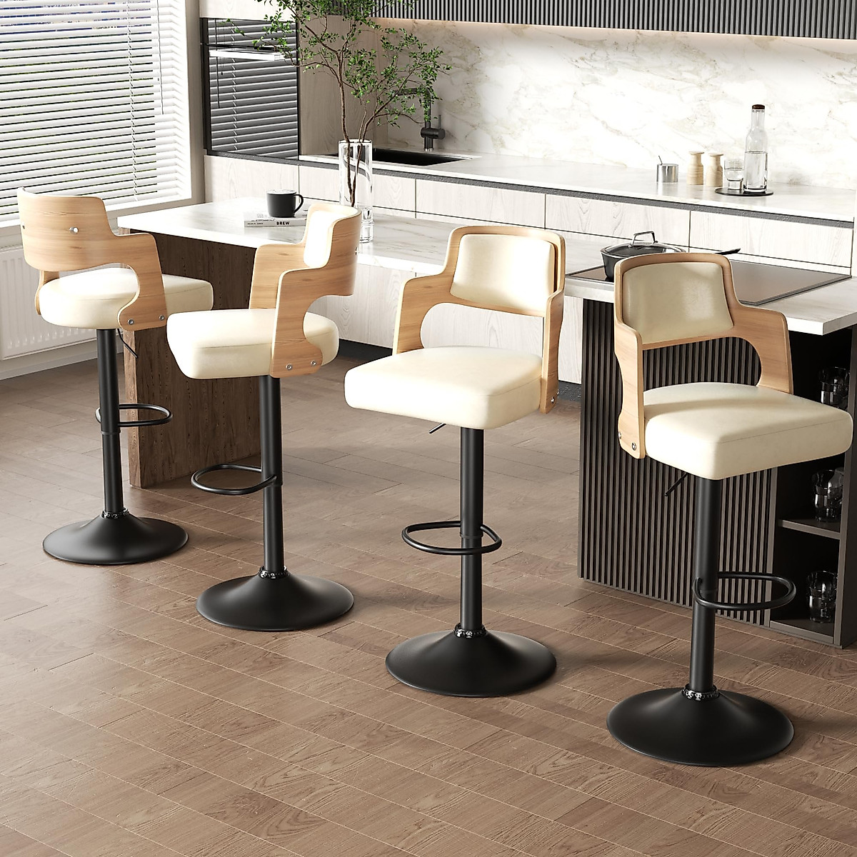 Miereirl Bar Stools Set of 2 Morden Height Counter Bar Stools with Wood Back Thickened Seat Swivel Adjustable Stool Chair for Home Kitchen Island Beige