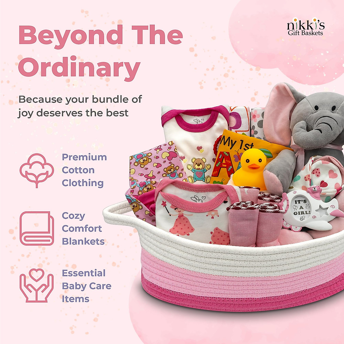 Bundle of Joy Deluxe New Baby Gift Basket | Newborn Baby Girl Gift Set with Baby Essentials | Baby Gift Basket for Expecting Moms | Baby Layette Set | Pink Baby Gift Set | Nikki's Gift Baskets