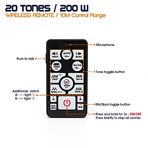 BooYu 12V 200W 20 Tones Police Warning Emergency Siren PA System [Slim Speaker][Wireless Remote Handheld Microphone][2 x 10A Switches] for Firefighter Ambulance Vehicles Truck Car SUV ATV UTV