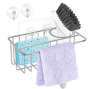 3 in 1 Sink Caddy Sponge Holder, VIS'V 304 Stainless Steel Adhesive Kitchen Sink Basket Sponge Holder Brush Holder Dishcloth Hanger Kitchen Sink Accessories Organizer Rack with 2 Suction Cups - Silver