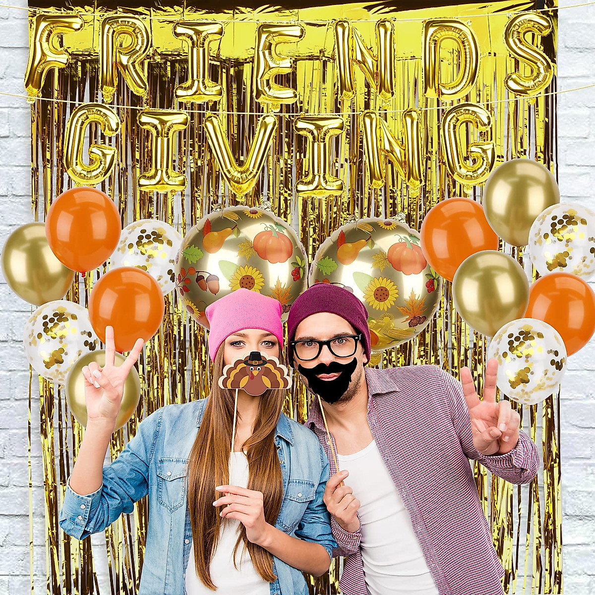 Friendsgiving Party Decorations, Friendsgiving Balloons Garland Kit includes Gold "FRIENDS GIVING" Foil Banner, 14 Balloons, 10 Photo Props and 1 Gold Fringe Curtain, 38 Pcs Thanksgiving Fall Decor
