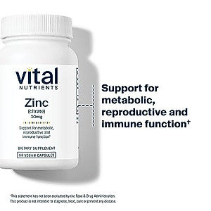Vital Nutrients Zinc Citrate 30mg | Easily Absorbed Immune Support Supplement* | Vegan Zinc Supplement | Gluten, Dairy, Soy Free | Non-GMO | 30mg | 90 Capsules