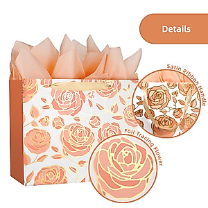 DecorWoo 13" Rose Gold Large Gift Bag with Card and Tissue Paper, Foil Flowers Gift Bag for Birthdays, Bridal Showers, Mothers day, Anniversaries, Weddings