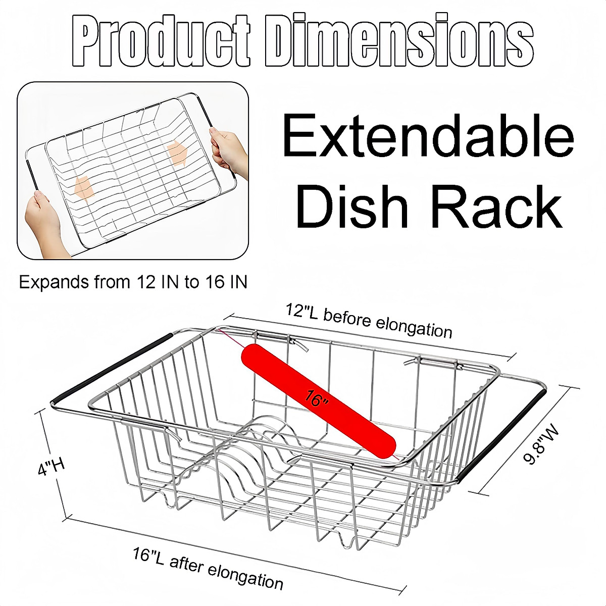 YHan Expandable Dish Drying Rack, Rustproof Stainless Over Sink Dish Drainer Rack Basket Shelf, 304 Stainless Steel Metal Dish Drainer in Sink or On Counter Organizer Dish Dryer Rack for Inside Sink