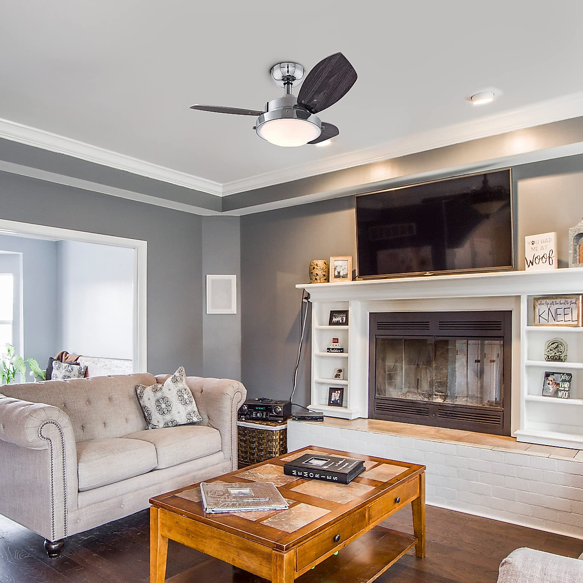 Ciata Lighting 30-Inch Wengue Indoor Ceiling Fan in Chrome Finish with Dimmable LED Light Fixture in Opal Frosted Glass with Reversible Wengue/Beech Blades