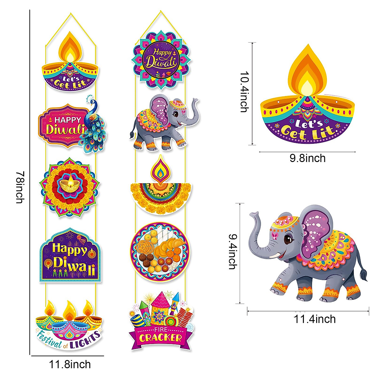 Happy Diwali Porch Sign - 2 Pieces Diwali Hanging Decoration 78 * 11.8inch Deepavali Theme Hanging Banner Diwali Home Decor Front Door Hanging Decoration Indian Peacock Hanging Sign