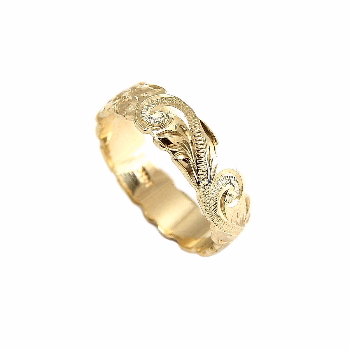 Arthur's Jewelry 14K yellow gold hand engraved Hawaiian plumeria scroll band ring cut out 6mm size 6