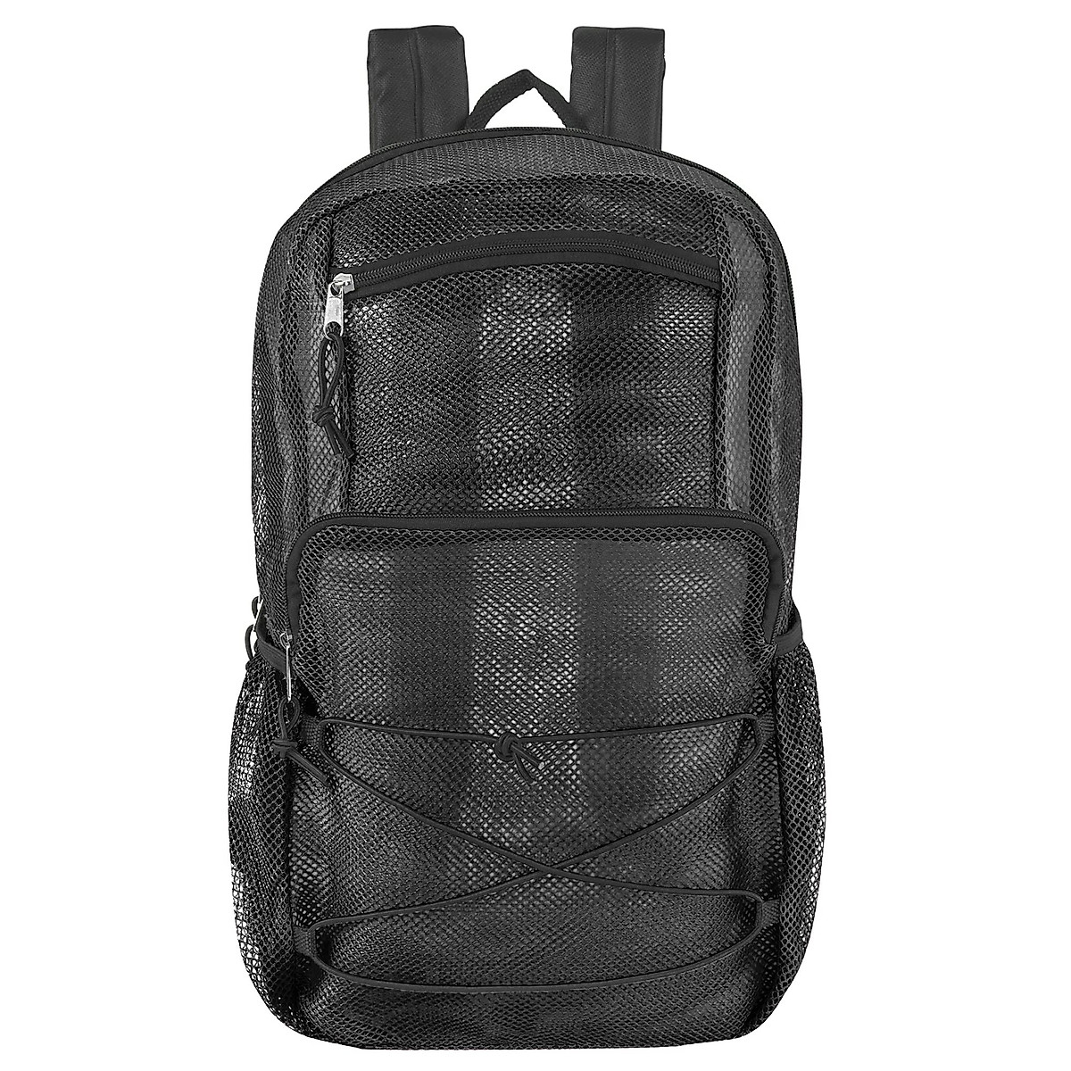Deluxe Mesh Backpack with Bungee Cord & Adjustable Padded Straps, for Swimming, School, Travel (Black)