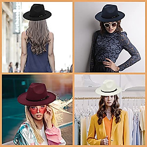 Women Classic Wide Brim Fedora Hat, 4 Pack Retro Panama Hat Wool Fedora Hat with Belt Buckle (Black+Wine Red+Navy Blue+Beige)