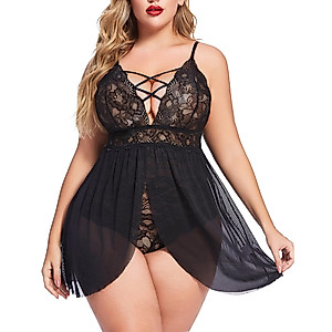 Avidlove Plus Size Babydoll for Women Sexy Lace Lingerie Set Mesh Chemise Sleepwear (Black, Large)