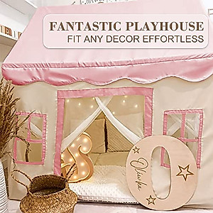 Large Kids Play Tent with Windows, Tassels, Star Light & Padded Mat Kids Tent Playhouse for Kids Indoor & Outdoor Bed Tent for Toddler Toys for Boys Girls Neutral Play Room Furniture, Pink