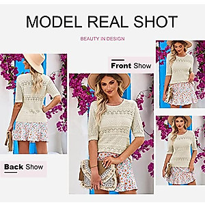 Dokotoo Womens Summer Short Sleeve Sweaters Tops Spring Crew Neck Pullover Shirt Lightweight Knit Sweater Blouse Apricot Medium