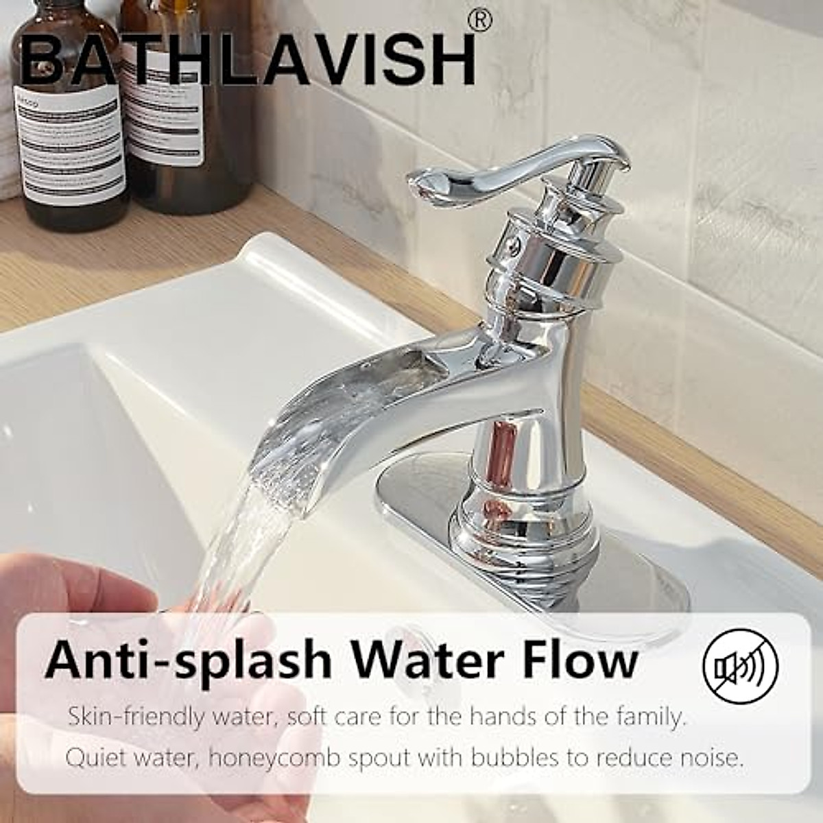 BATHLAVISH Bathroom Sink Faucet Chrome, Waterfall Bathroom Faucet, Single Hole Bathroom Faucet, Farmhouse Single Handle Vanity RV Lavatory with Pop Up Drain with Overflow