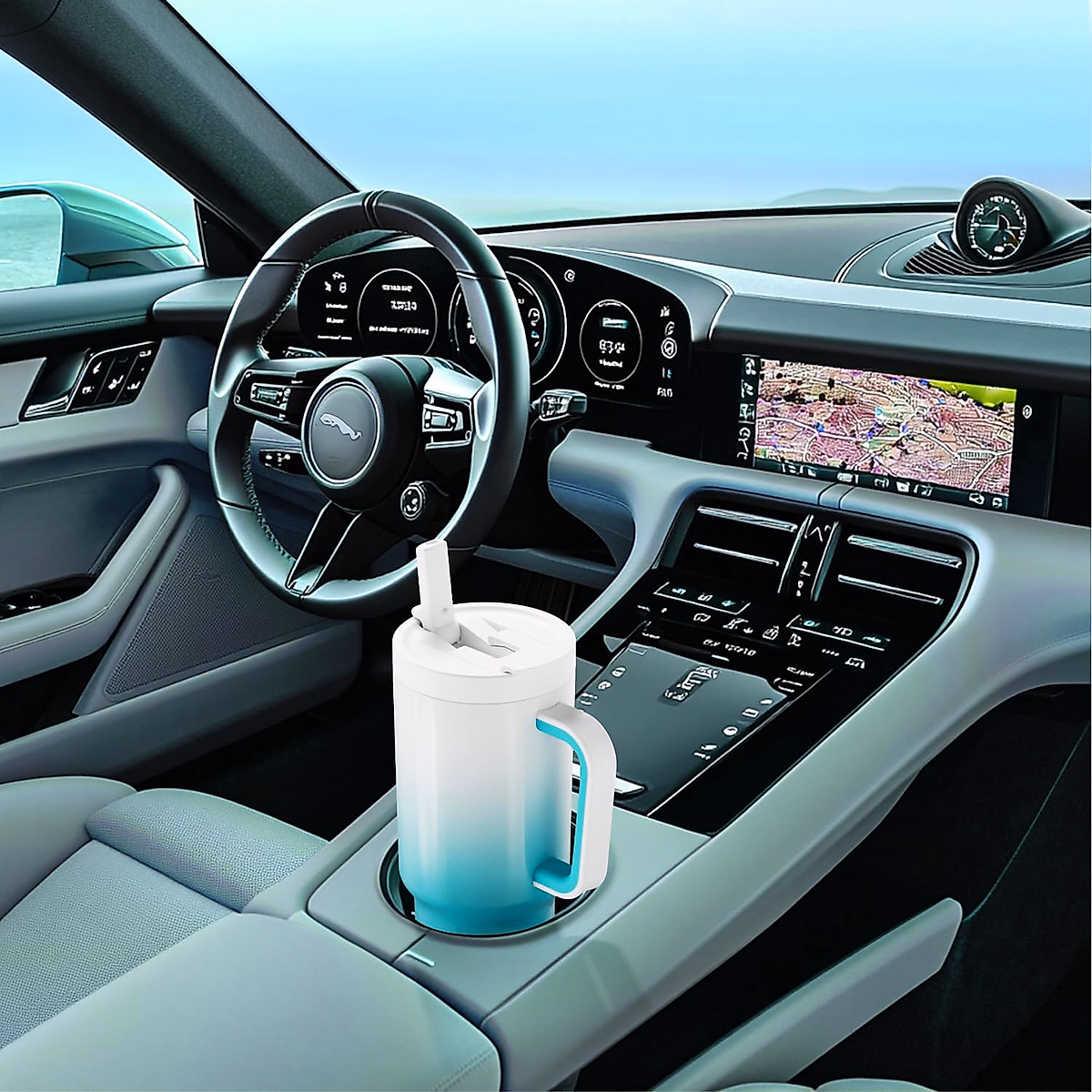 Meoky 32 oz Tumbler with Handle and Flip Straw, 100% Leakproof Tumbler with Lid and Straw, Stainless Steel Insulated Cup, Cupholder Friendly, Keeps Cold for 24 Hours (Azure)