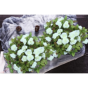 HEBE 4 Pack (29.8 FT) Artificial Rose Vine Flowers Plants Realistic Silk Fake Flowers Garland Hanging Baskets Rose Ivy for Home Ceremony Wedding Arch Garden Indoor Outdoor Decor,Milk White