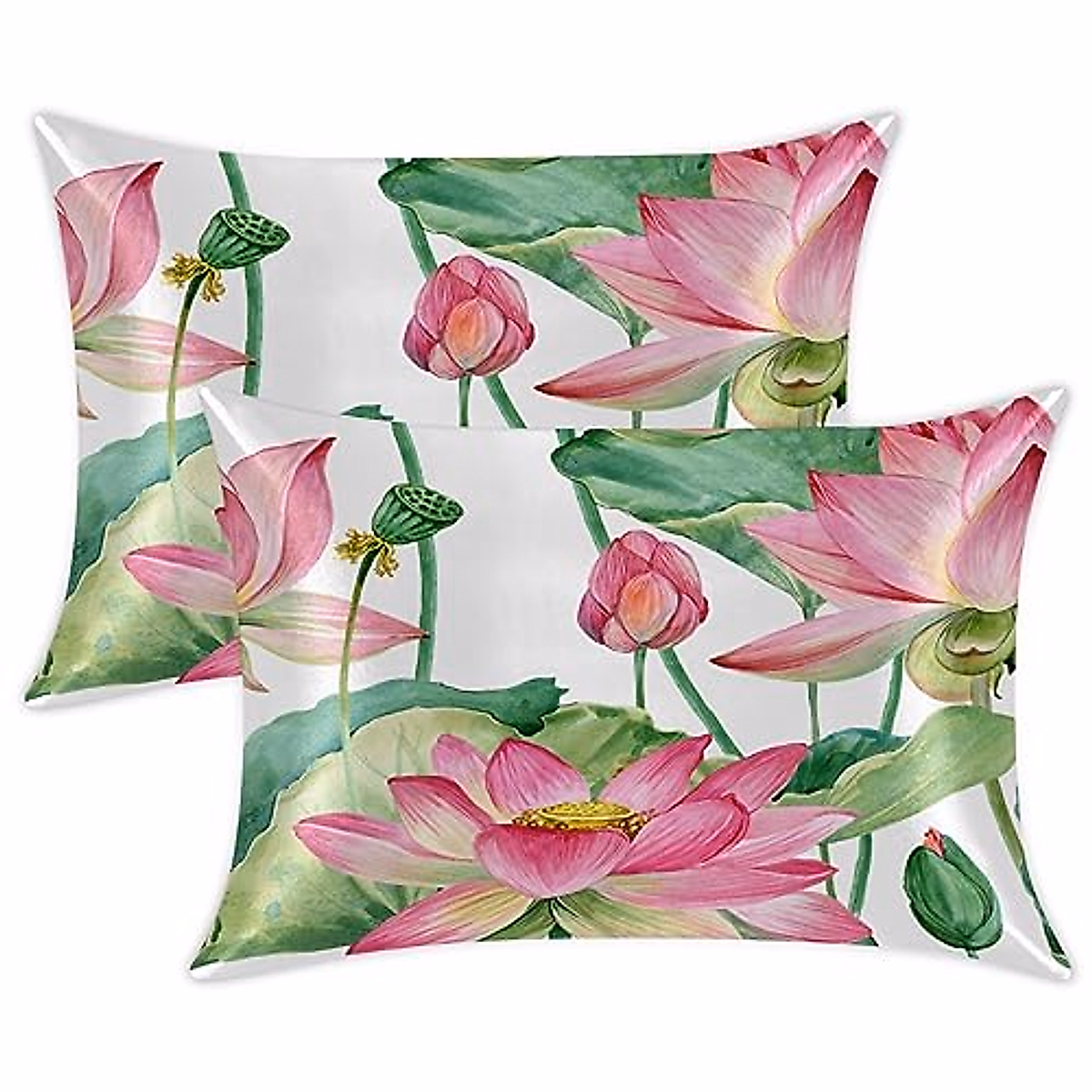 Floral Lotus Pattern Satin Pillow Cases Silk Satin Pillowcase for Hair and Skin Standard Set of 2 Super Soft Silk Pillowcase with Envelope Closure (20x26 in)