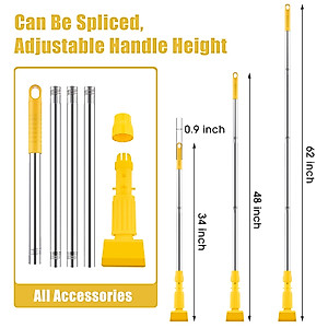 Nuogo 10 Pcs Mop Handle Commercial Heavy Duty 62 Inch Metal Mop Stick Replacement Yellow Replaceable Mop Stick with Jaw Clamp for Industrial and Household Floor Cleaning(Mop Head Not Included)