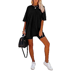 Remidoo Women's Oversized T Shirt Solid Short Sleeve Distressed Solid Tees T-Black Large