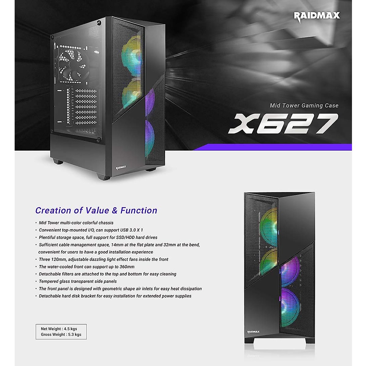 Raidmax ATX Desktop Computer Gaming PC Case Mid Tower PC Case with addressable RGB x3 ARGB Fans ATX PC Case USB 3.0 Tempered Glass PC Case Mesh Window Computer Case with 3 ARGB LED Black PC Case -X627
