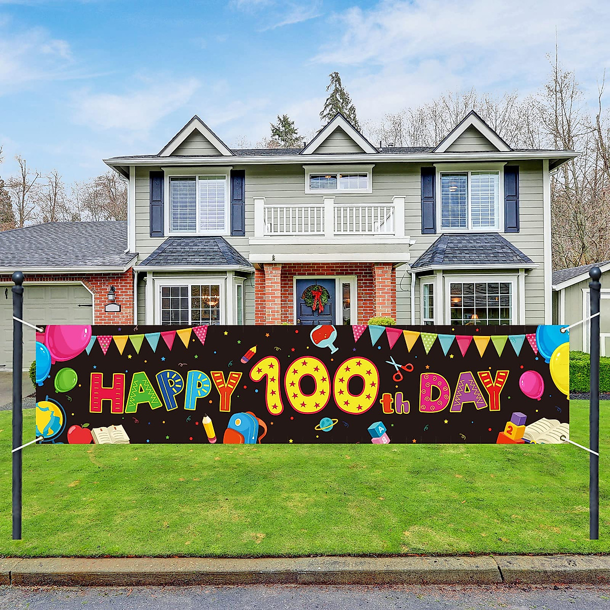100th Day of School Banner Decoration Outdoor Happy 100 Days Banner Backdrop Sign for Kindergarten Preschool Primary School 100th Day Party Favor Supplies