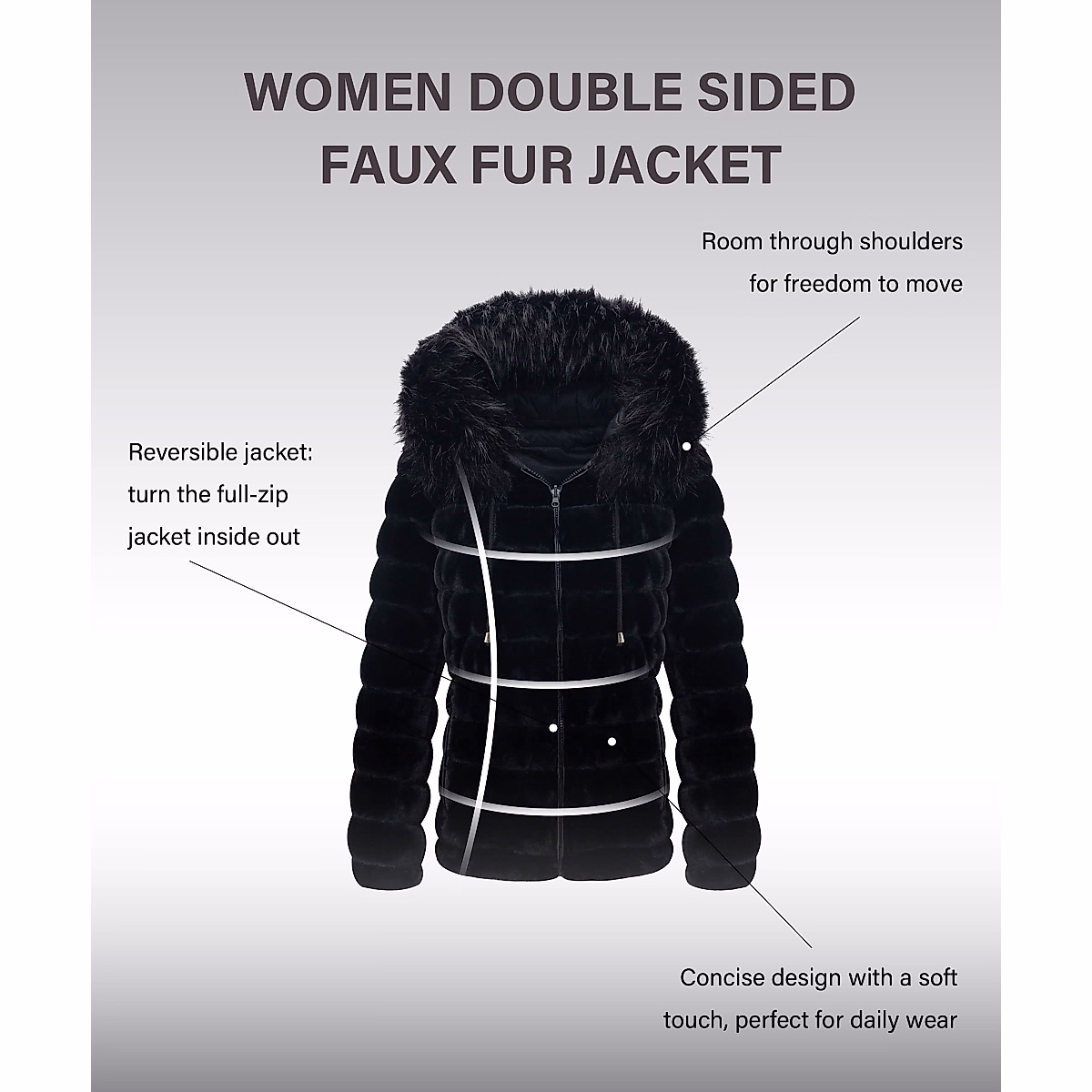 Bellivera Women Double Sided Faux Fur Jacket with Fur Collar, The Puffer Coat Worn on Both Sides 19225 Black S
