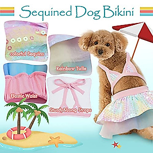 Duojoy Dog Bikini Dress with Sequins&Chiffon, Mermaid Colorful Puppy Beach Swimsuit, Small Medium Doggie Cat Summer Bathing Suit, Dog Tutu Dresses Pet Stylish Clothes Costume for Pool-M