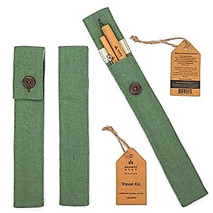 Bamboo Step - Bamboo Straw travel kit - SIGNATURE LINE: 2 Reusable Luxury straws of 20cm/7.9" and a cleaning brush is a design fabric pouch. (Color Khaki Green)