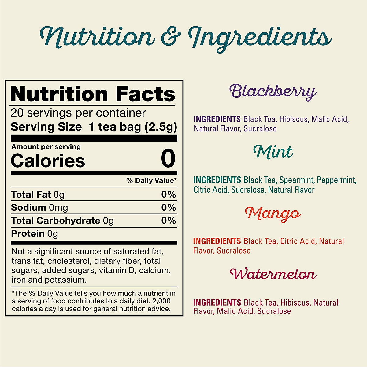 Southern Breeze Cold Brew Sweet Tea Variety Pack Iced Tea with Black Tea and Zero Carbs Zero Sugar, 20 Individually Wrapped Tea Bags, Pack of 4 Blackberry, Mango, Mint and Watermelon