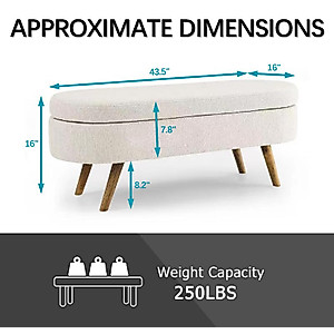 ECLYL Oval Storage Bench 43.5" Linen Fabric Upholstered Entryway Bench with Solid Wood Legs Ottoman Bench Indoor Bench for Living Room/Bedroom/End of Bed/Entryway (Beige)