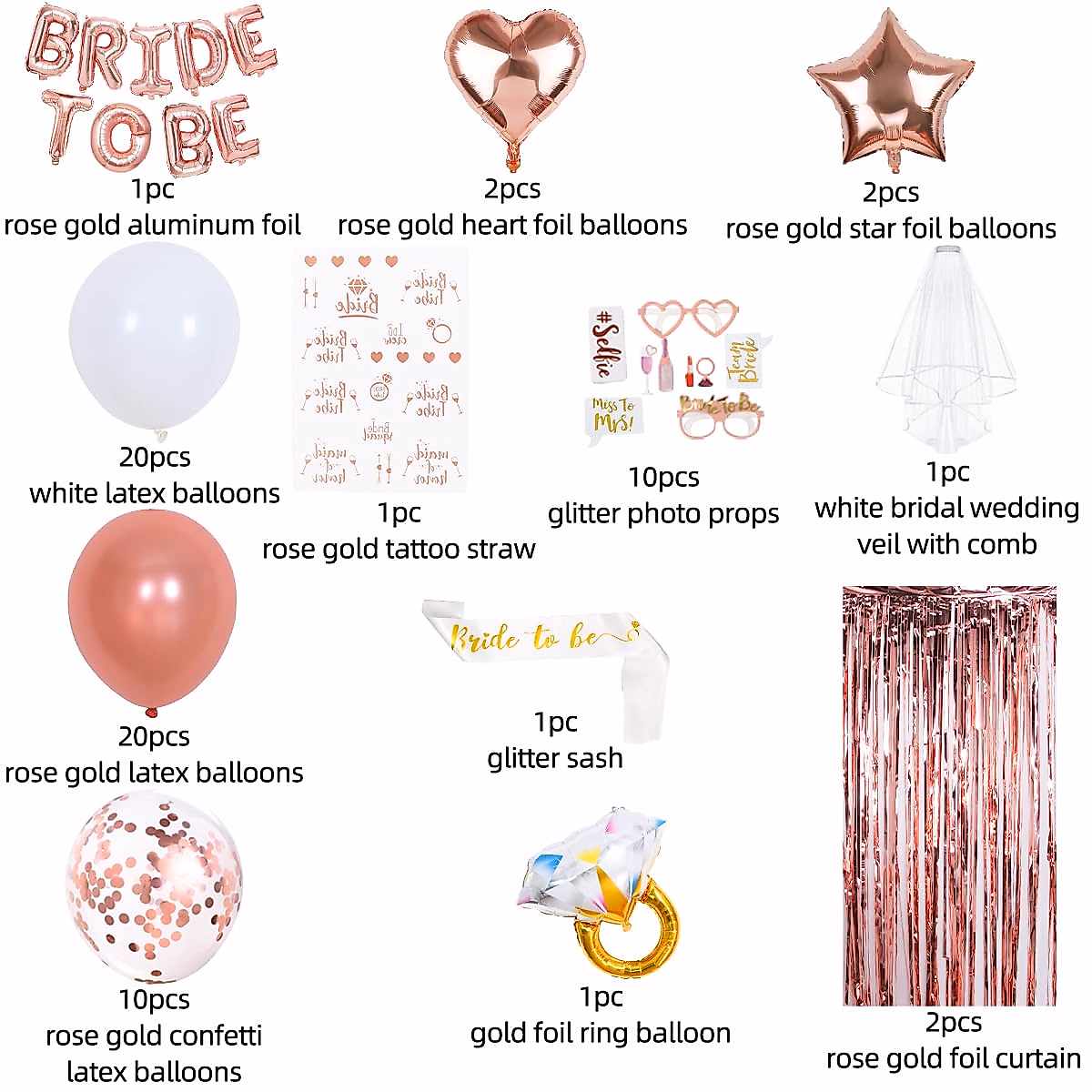 EFAILY Bachelorette Party Decorations - Rose Gold Bridal Shower Party Decor and Supplies Kit Bride To Be Sash, Veil, Temporary Tattoos, Confetti Balloons Pack Fringe Curtain.