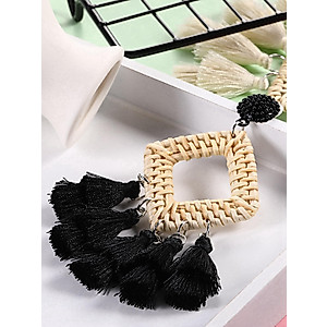 meekoo 2 Pairs Rattan Tassel Earrings Bohemian Statement Woven Dangle Fringe Earrings Ethnic Tassel Drop Earrings Vintage Jewelry for Women (Black and White)