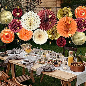 Fall Party Decorations Orange Burgundy Gold Paper Pom Poms Paper Fans Paper Lanterns Gold Satr Garland Banner for Fall Autumn Harvest Birthday Thanksgiving Party Supplies