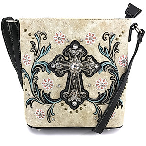 Justin West Rhinestone Cross Summer Flower Embroidery CCW Concealed Carry Shoulder Purse Handbag (Brown Purse Only)