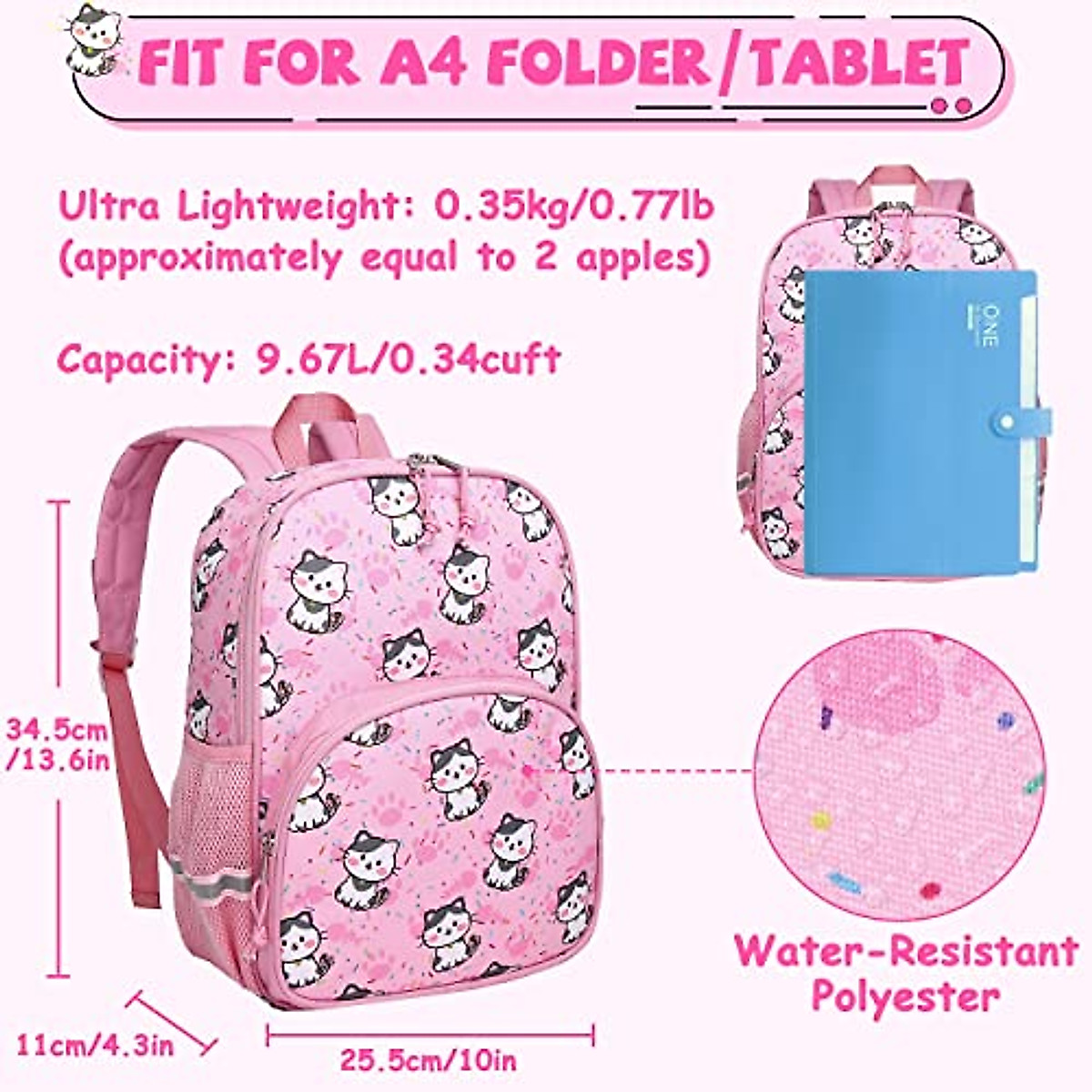 Toddler Backpack for Girls, Kasqo 13.5 Inch Lightweight Waterproof Kids Bookbag Preschool Kindergarten Schoolbag for little Girls 3-6 Years Old, Pink Cat