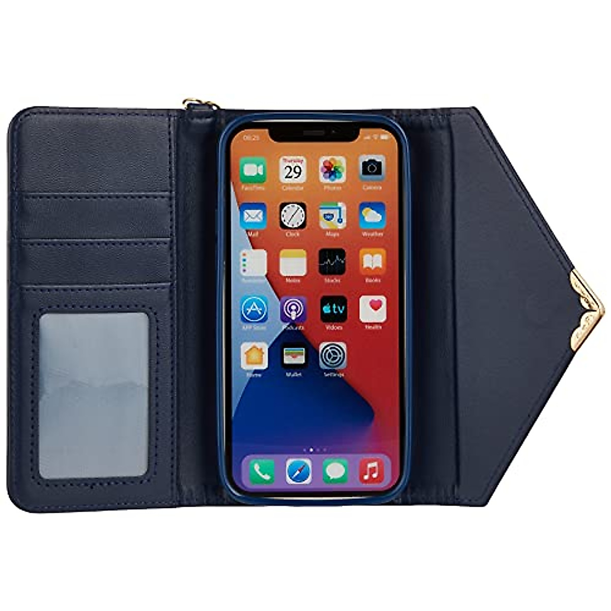 Glow Co., Ltd. 405-1-01 iPhone 12 with Strap, Multi-Functional Storage, Notebook Type Case, Navy, Tempered Glass & Stylus Pen Included