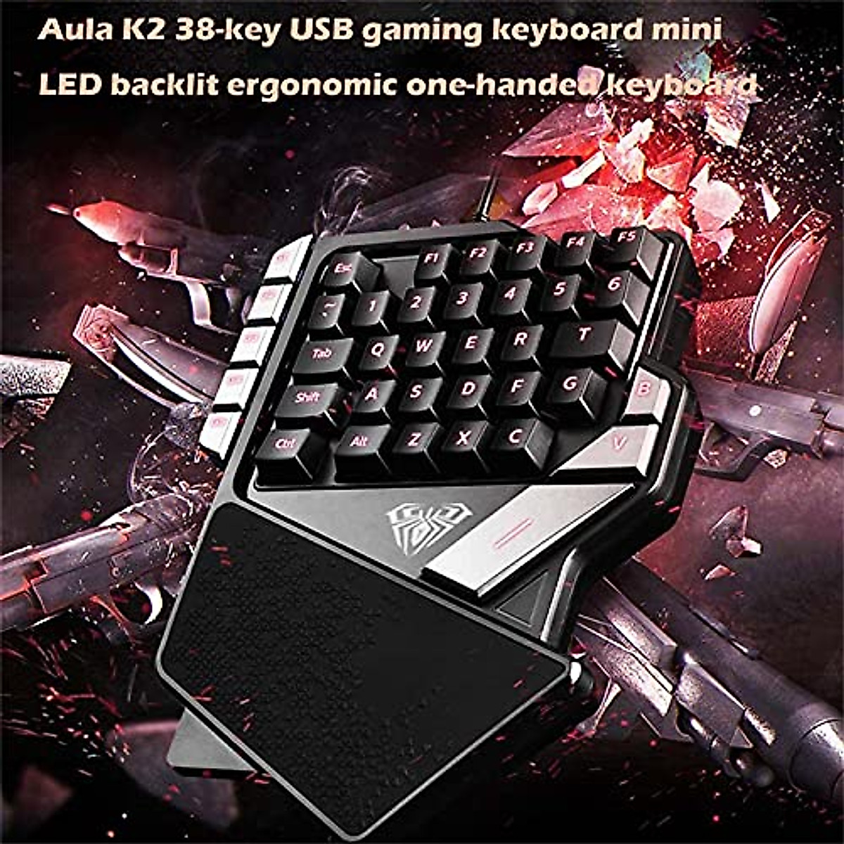 Niaviben Mini One-Handed Gaming Keyboard with Wrist Rest 38 Keys USB Wired Gaming Keyboard LED Backlight Ergonomic Keyboard Applies to PC Office (Black)