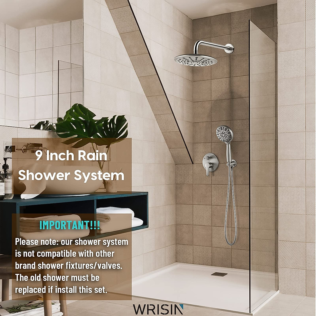 WRISIN Shower Faucet Set Brushed Nickel (Valve Included), Shower System with Rain Shower and Handheld, Shower Valve Kit with Valve and Shower Head