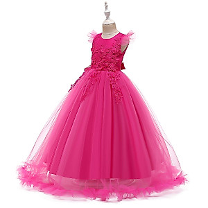 Girls Lace Pageant Party Dress Wedding Flower Girl Maxi Gowns Flower A Line Birthday Dance Evening Tulle Floor Length Skirt Hot Pink 6-7 Years