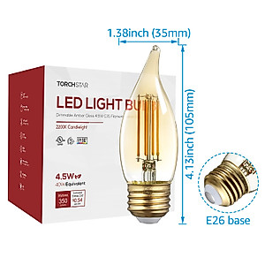 TORCHSTAR Dimmable E26 LED Candelabra Bulbs, C35 LED Chandelier Light Bulb, UL Listed, 2200K Amber Warm, 4.5W(40W Eqv.), 350lm, Ceiling Fan Light Bulbs, Damp Location, 2 Years Warranty, Pack of 6